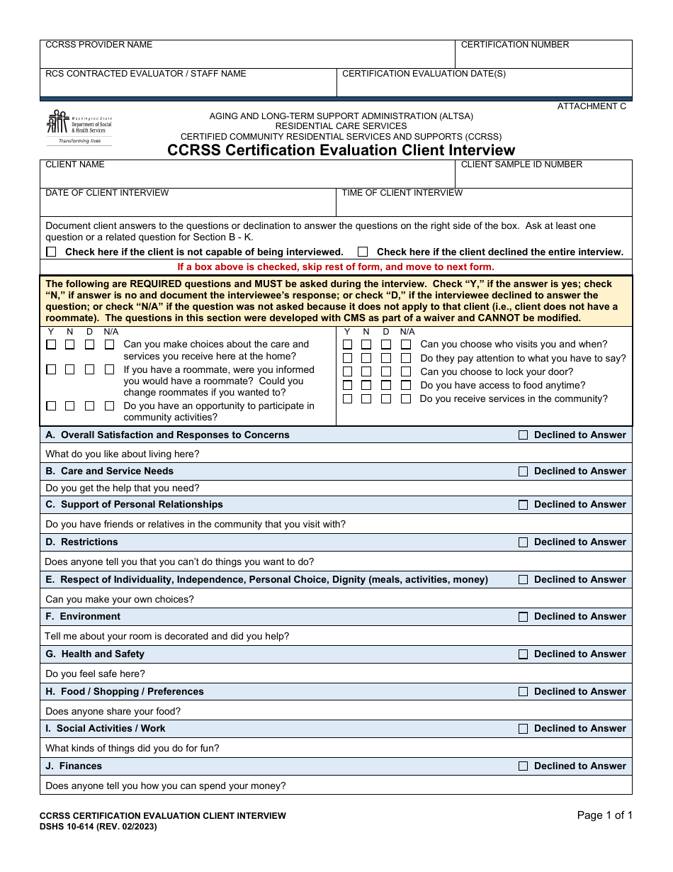DSHS Form 10-614 Attachment C Download Printable PDF or Fill Online ...