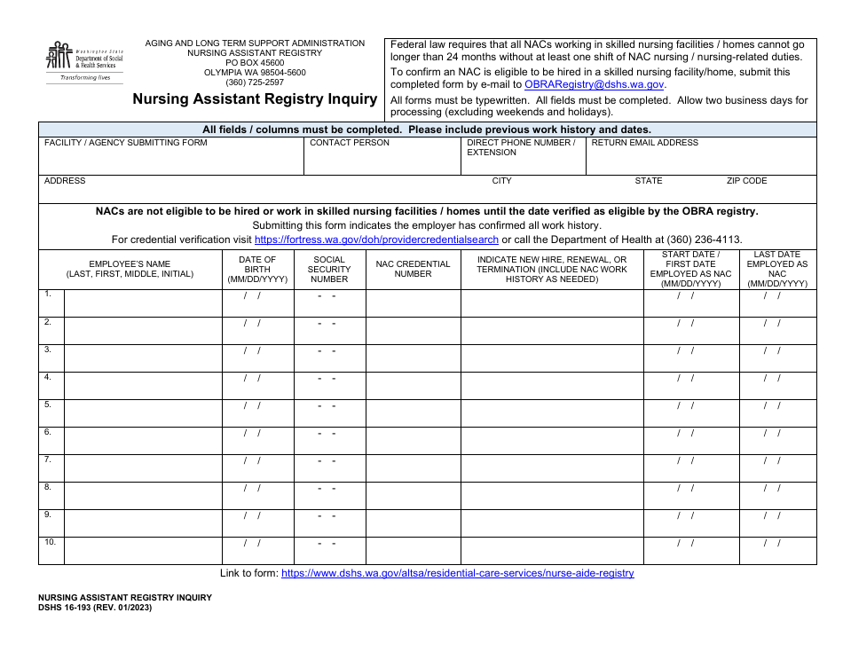 DSHS Form 16-193 Download Printable PDF or Fill Online Nursing ...