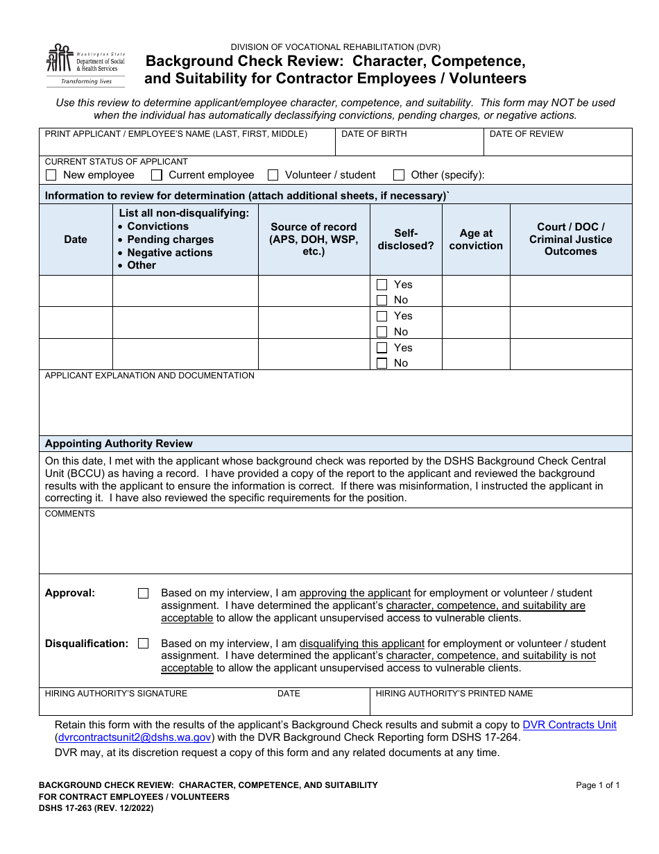 DSHS Form 17-263 Download Printable PDF or Fill Online Background Check ...