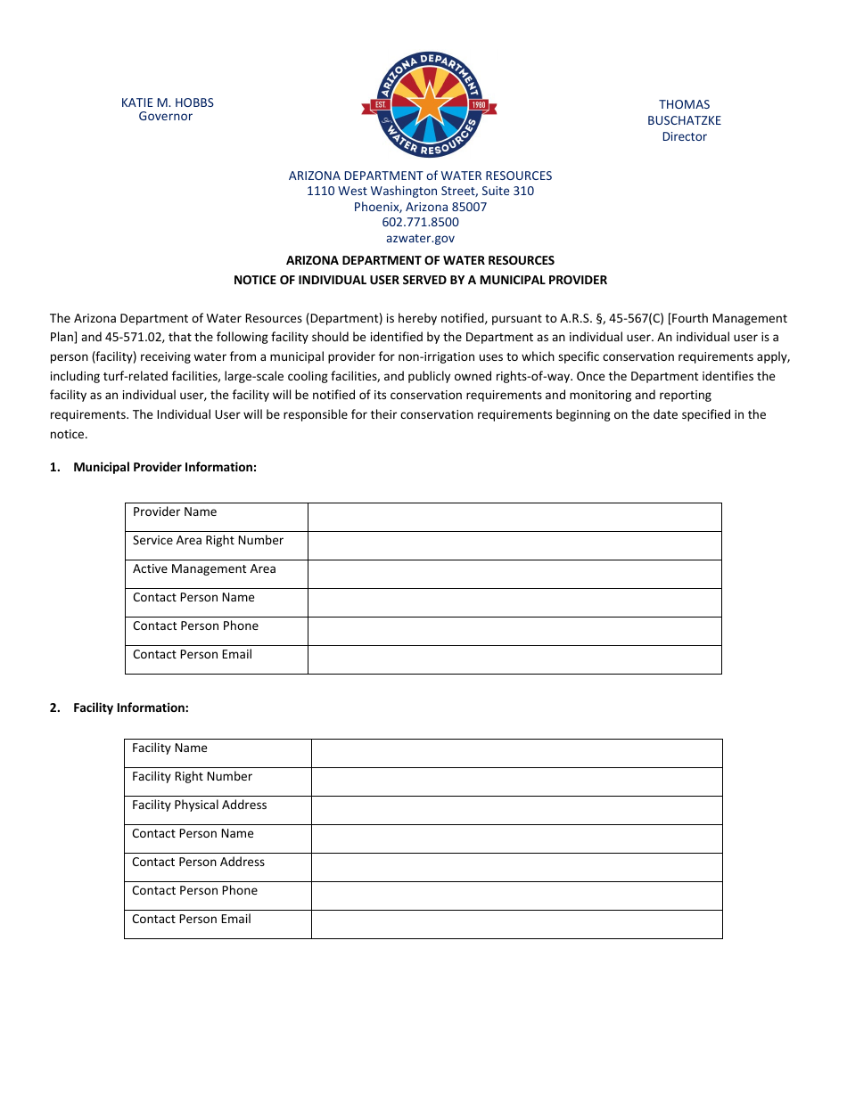 Arizona Notice of Individual User Served by a Municipal Provider - Fill ...