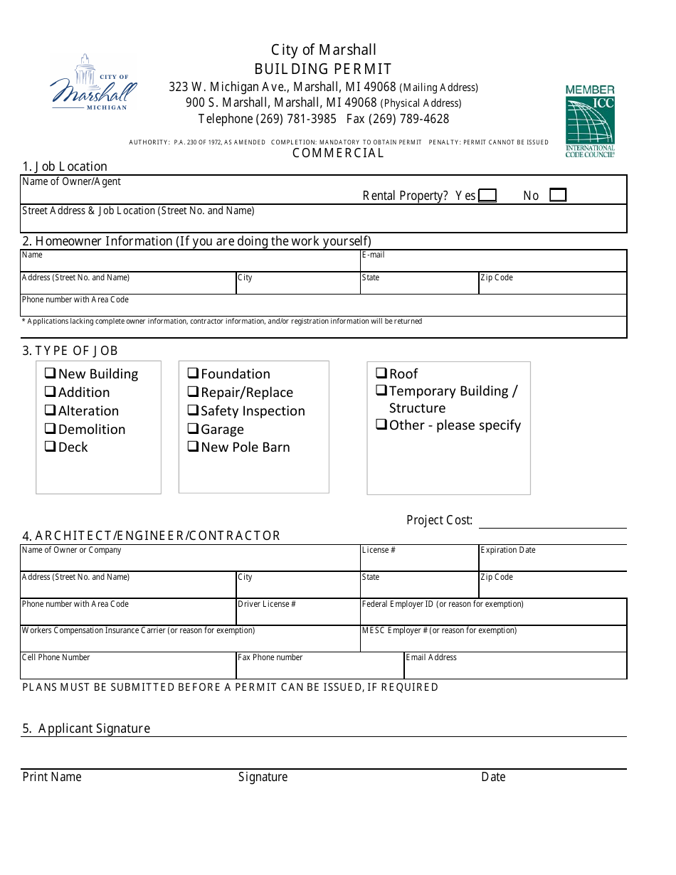 City of Marshall, Michigan Commercial Building Permit Download Fillable ...