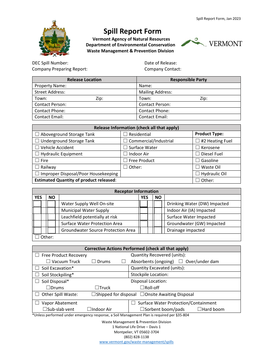 Vermont Spill Report Form - Fill Out, Sign Online and Download PDF ...
