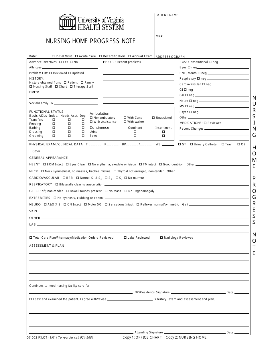 Nursing Home Progress Note University Of Virginia Health System 