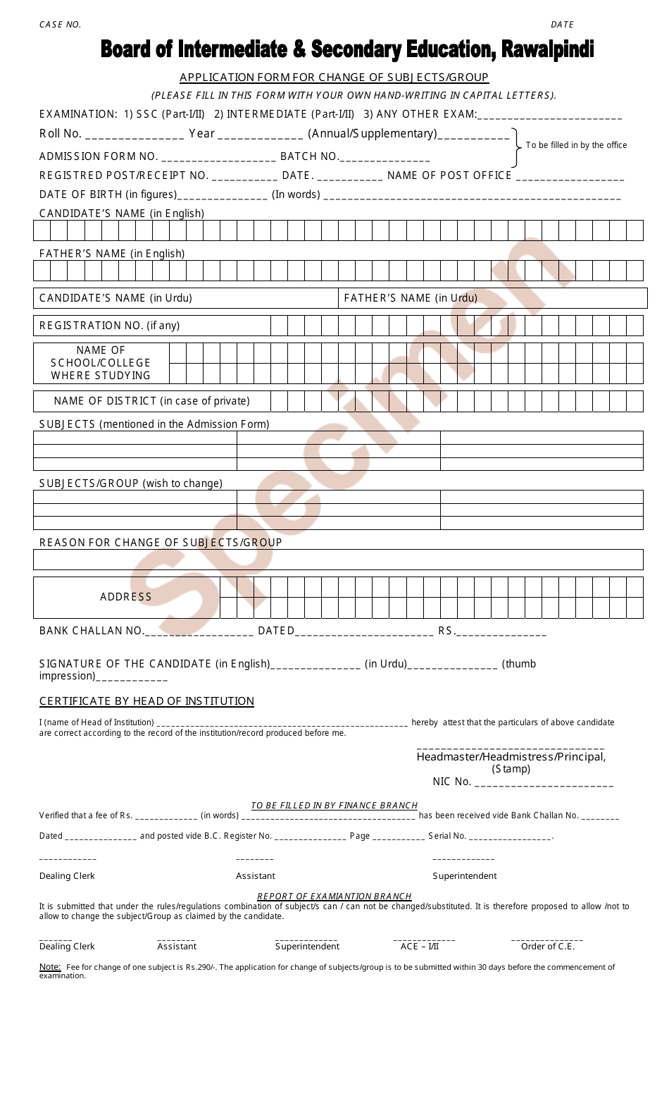 Punjab Province (India) India Application Form for Change of Subjects ...