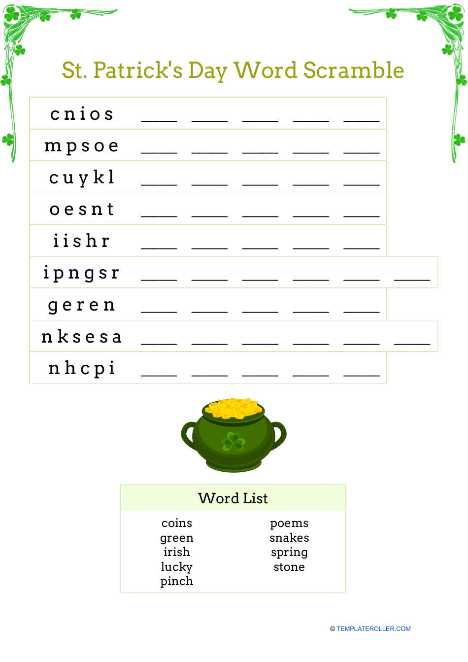 St. Patrick's Day Word Scramble - Gold Download Printable PDF ...
