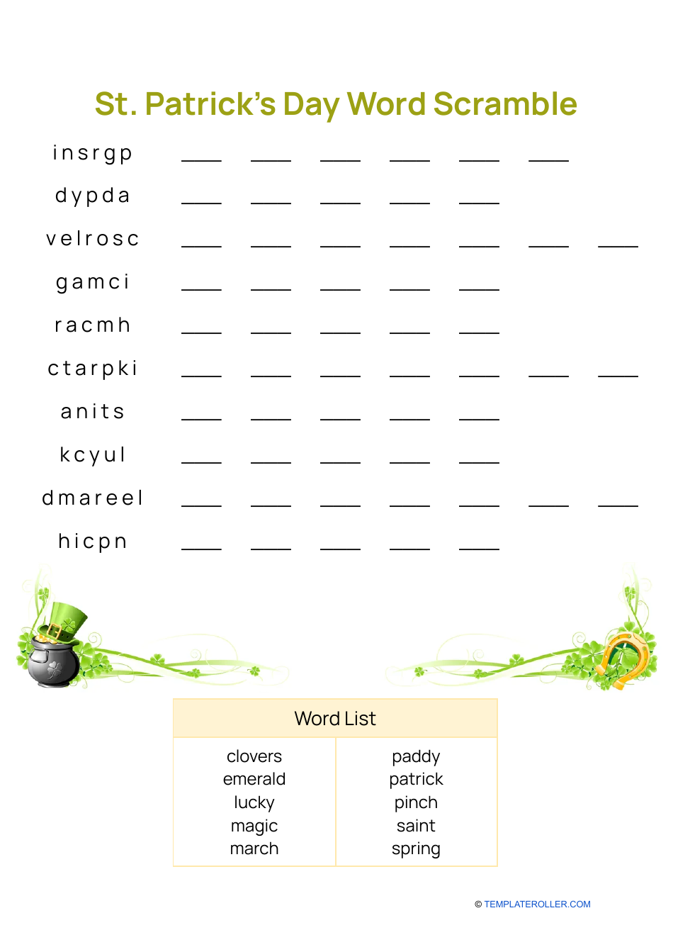 St. Patrick's Day Word Scramble - Luck Download Printable PDF ...