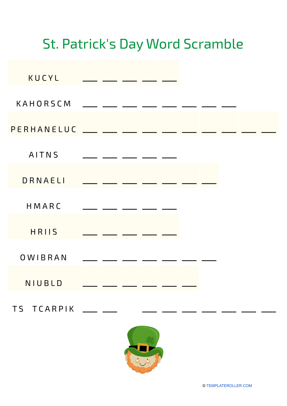 St. Patrick's Day Word Scramble - Saint Patrick Download Printable PDF ...