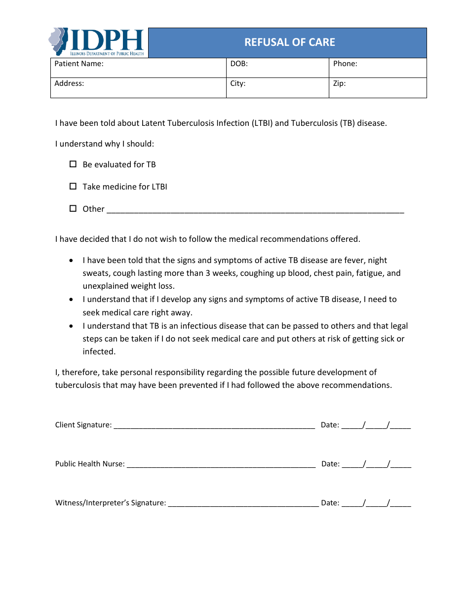 Illinois Refusal of Care - Fill Out, Sign Online and Download PDF ...