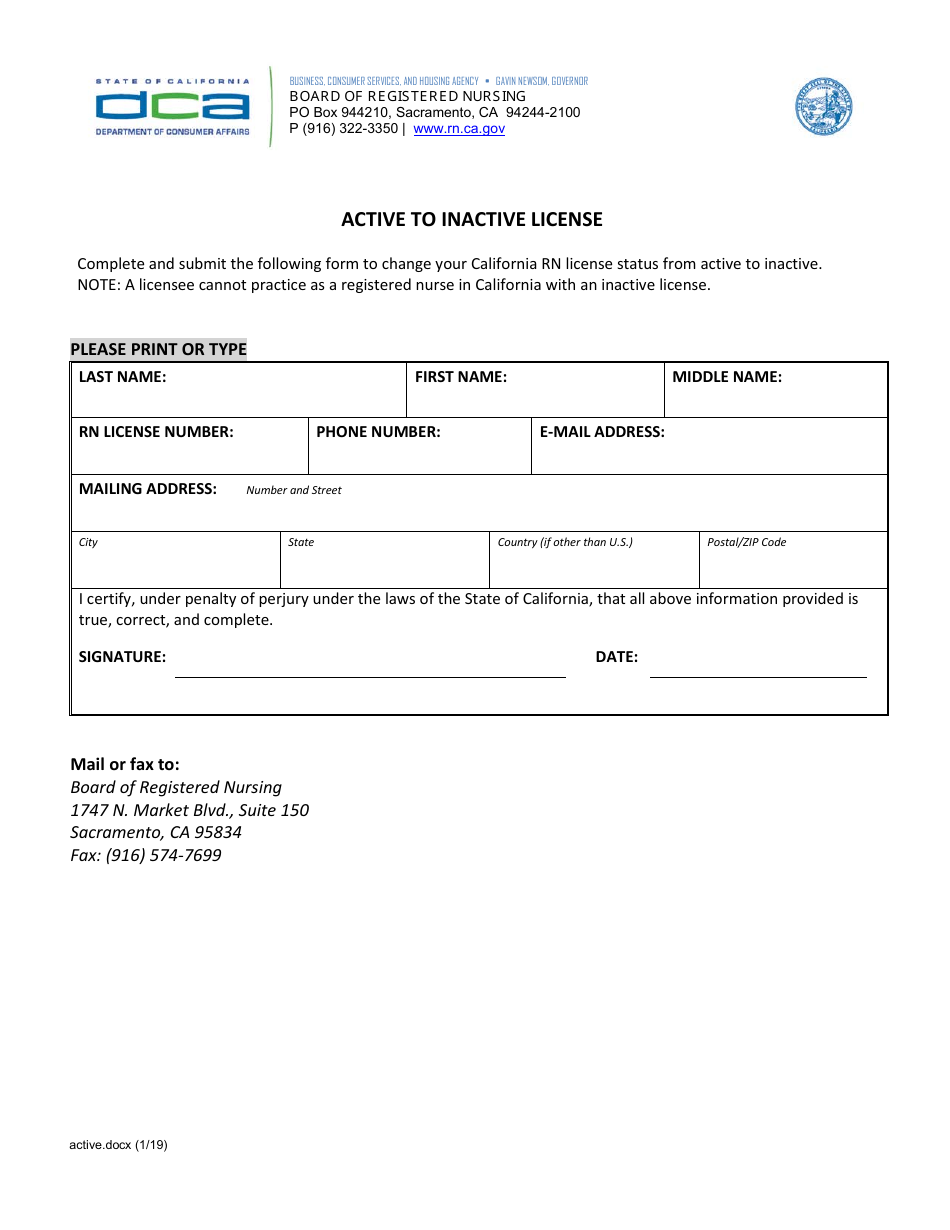 California Active to Inactive License - Fill Out, Sign Online and ...