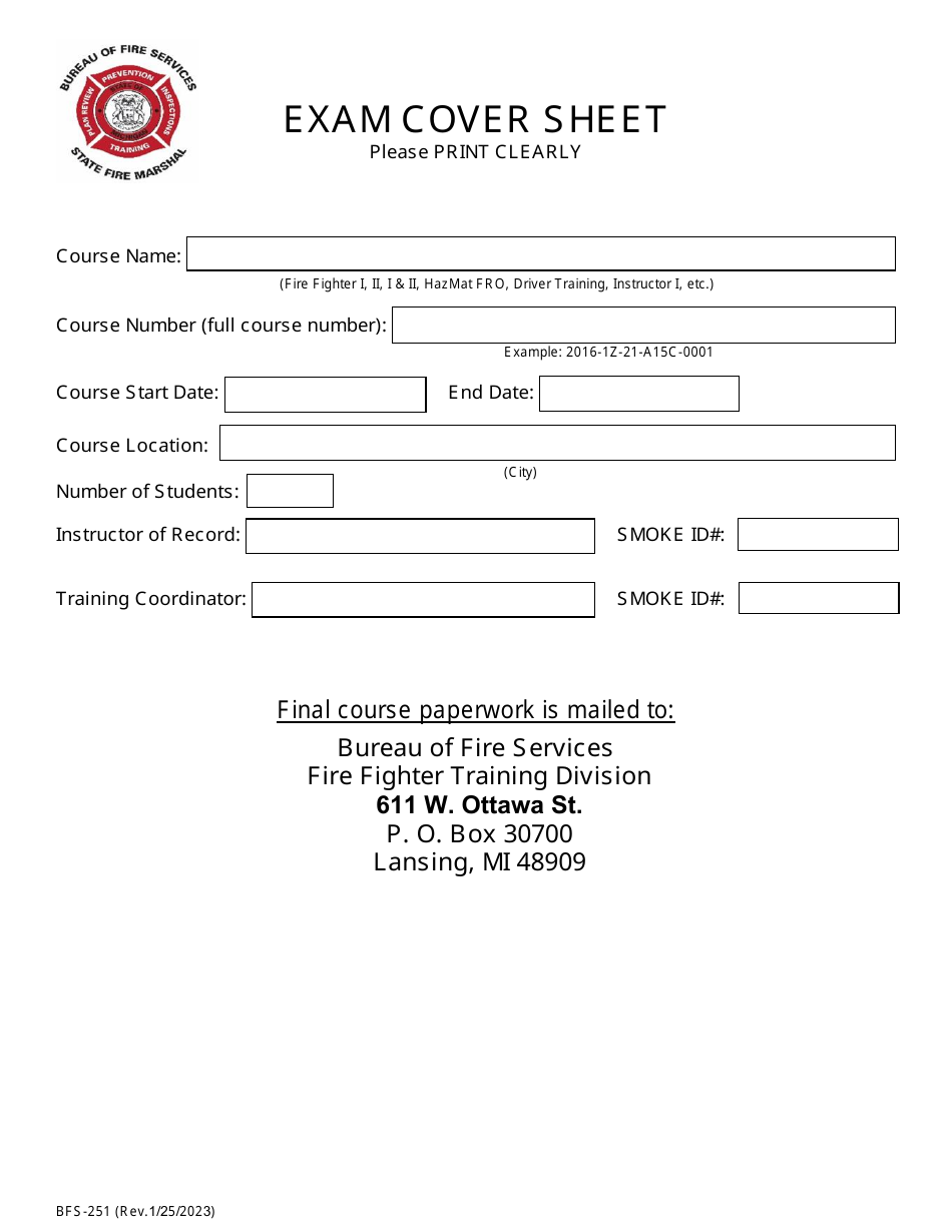 Form BFS-251 Download Printable PDF or Fill Online Exam Cover Sheet ...