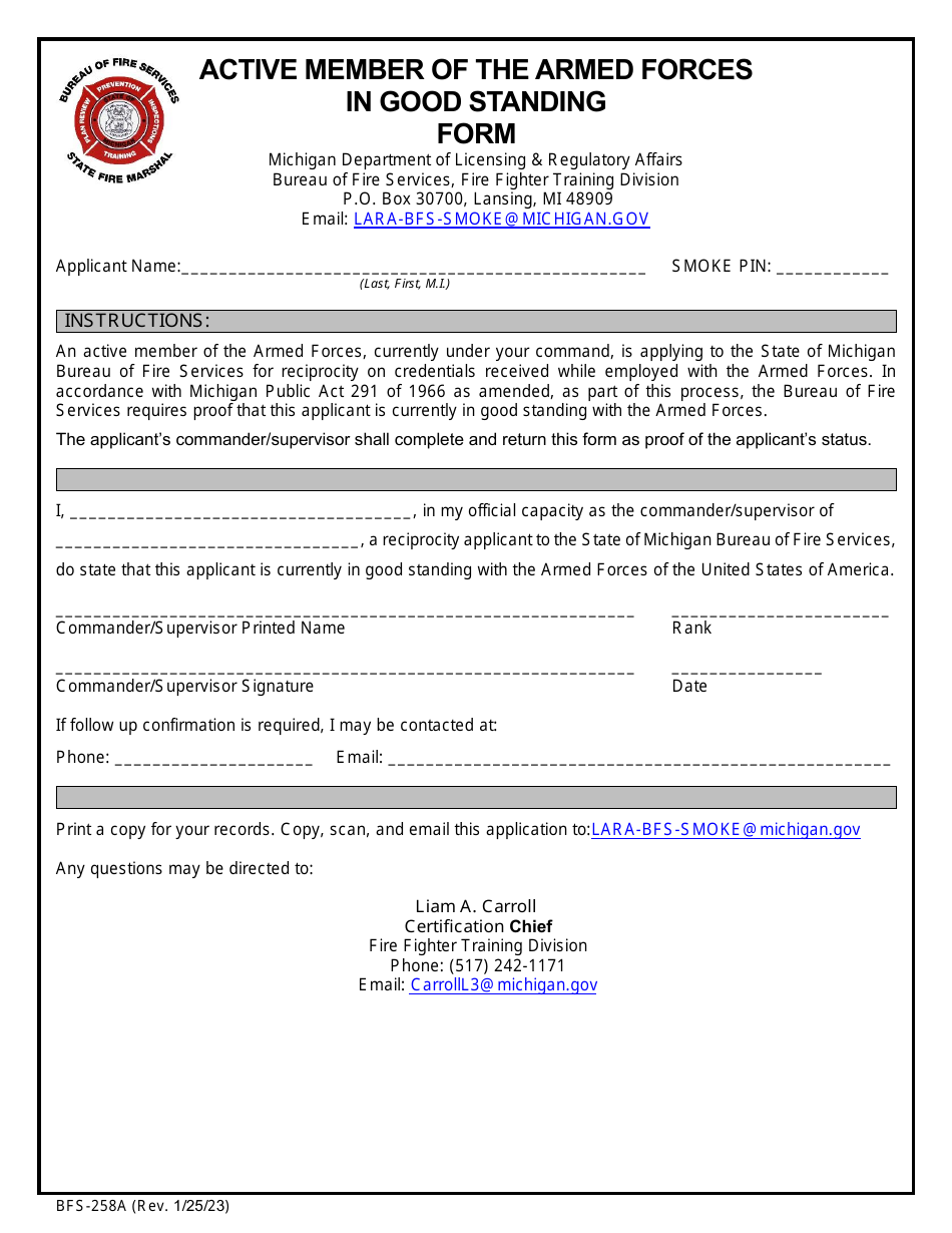Form BFS-258A Download Fillable PDF or Fill Online Active Member of the Armed Forces in Good ...