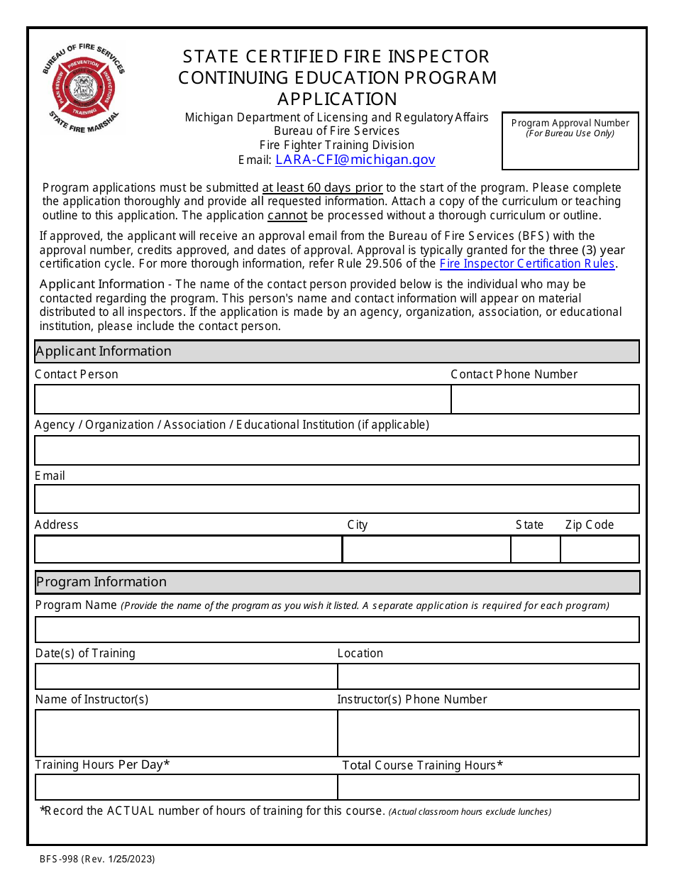 Form BFS-998 Download Printable PDF or Fill Online State Certified Fire ...