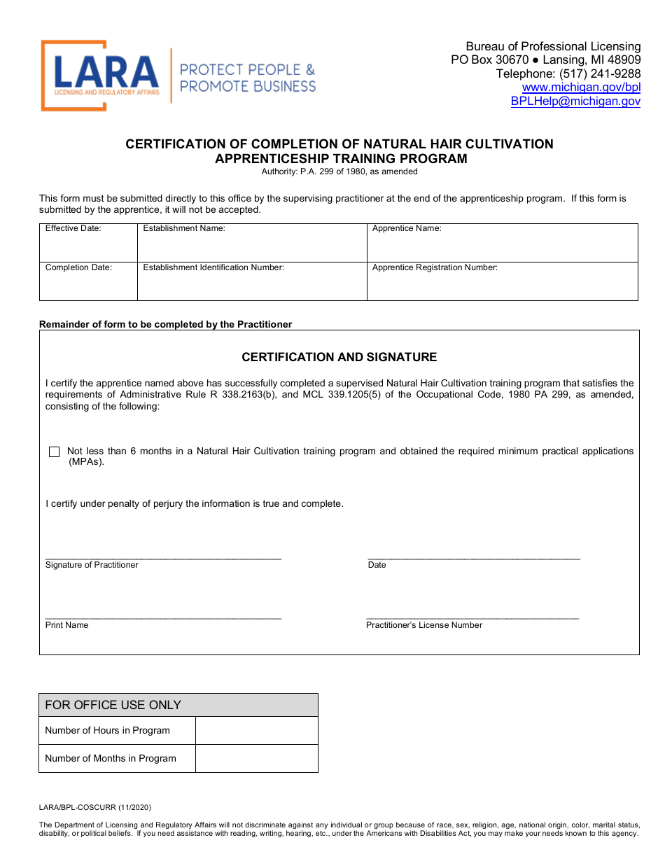 Form LARA/BPL-COSCURR - Fill Out, Sign Online and Download Fillable PDF ...