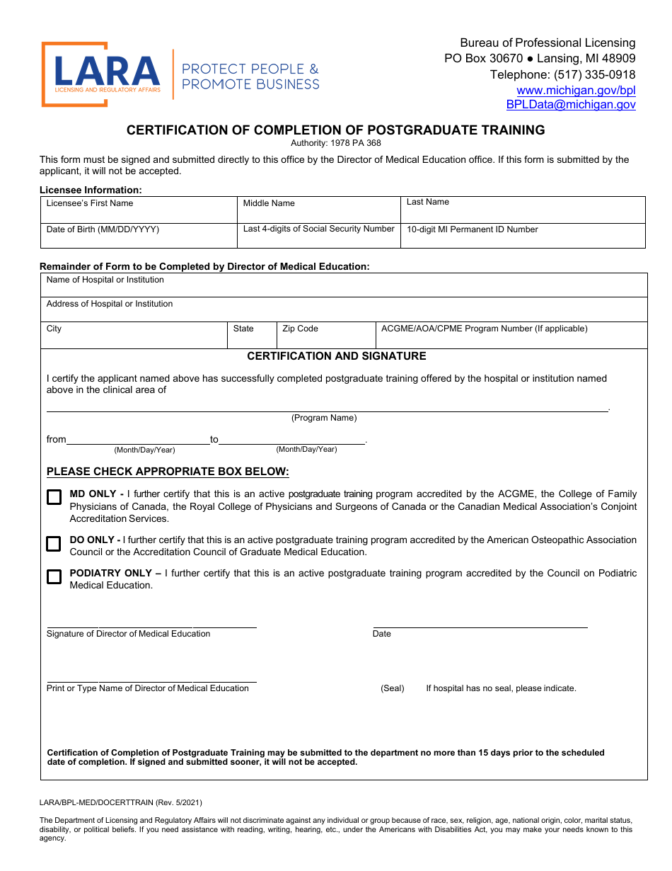 Form LARA/BPL-MED/DOCERTTRAIN - Fill Out, Sign Online and Download Fillable PDF, Michigan ...