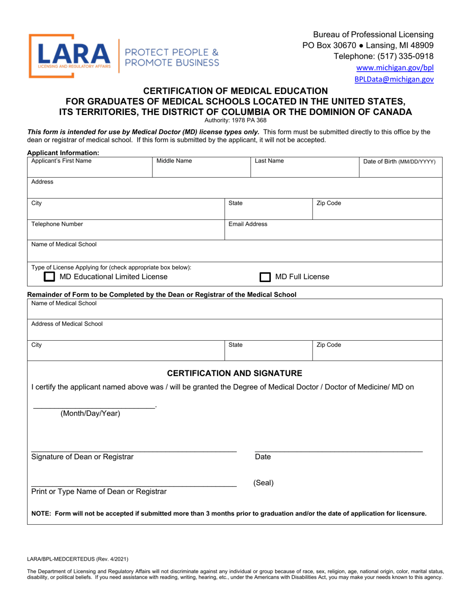 Form LARA/BPL-MEDCERTEDUS - Fill Out, Sign Online and Download Fillable ...
