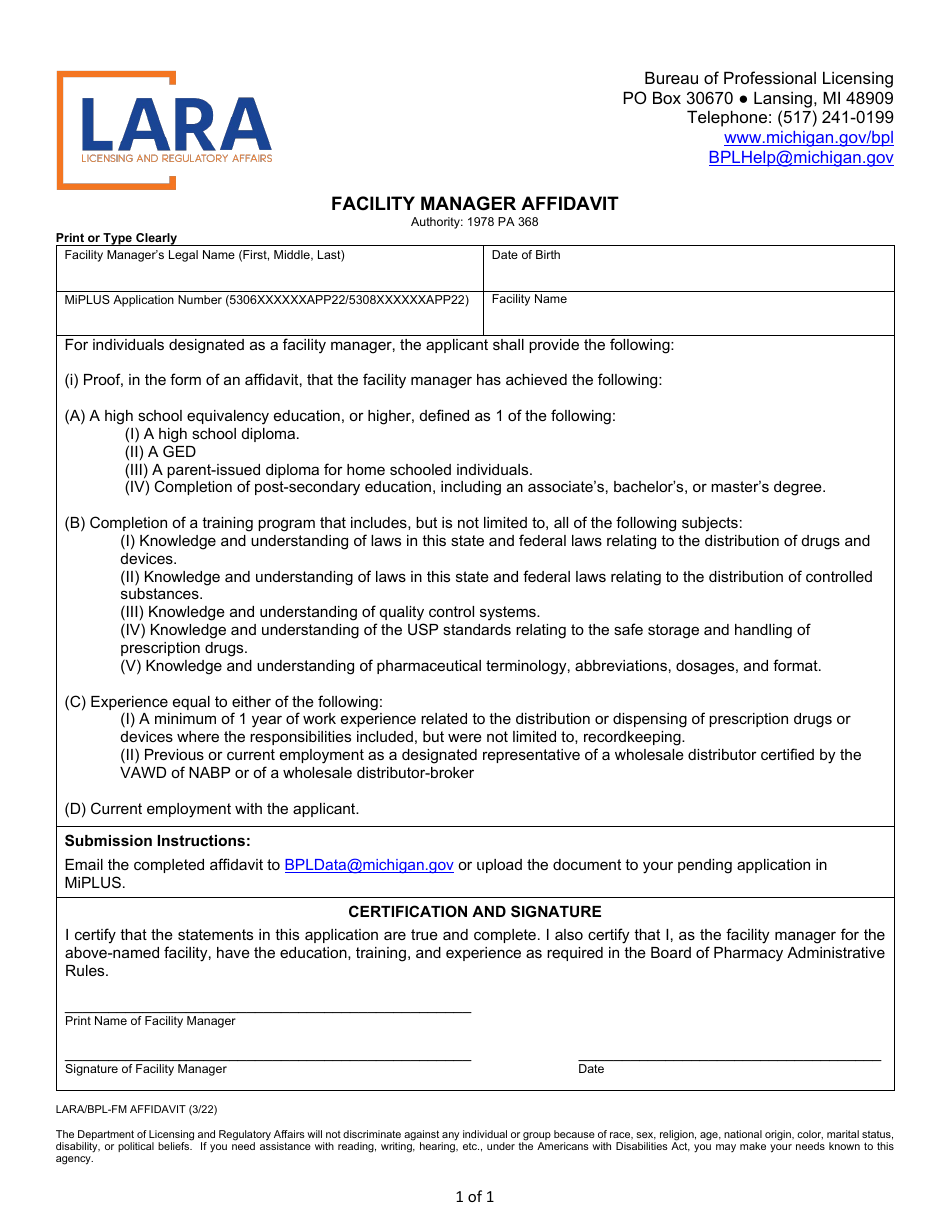 Form LARA/BPL-FM AFFIDAVIT - Fill Out, Sign Online and Download ...
