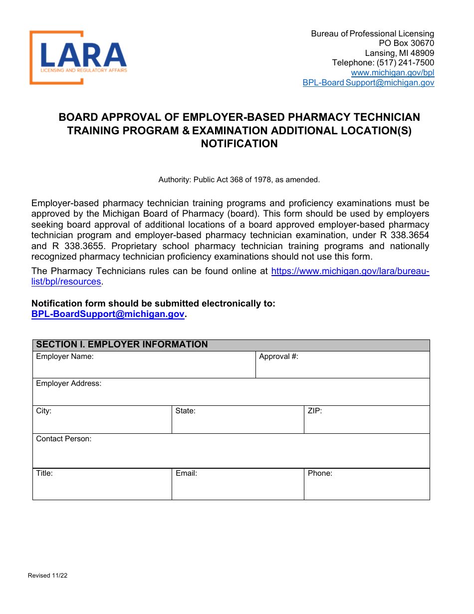 Michigan Board Approval of Employer-Based Pharmacy Technician Training Program & Examination ...