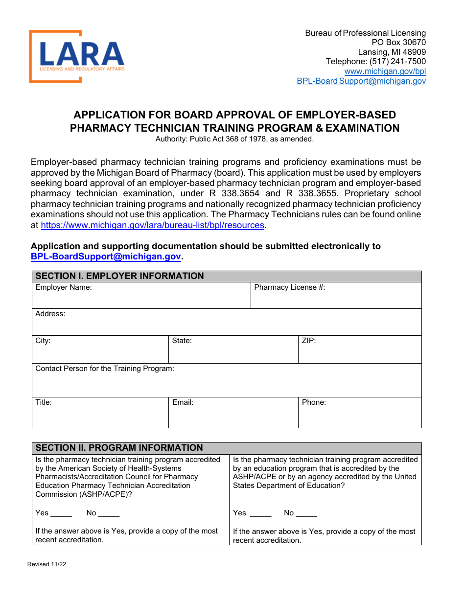 Michigan Application for Board Approval of Employer-Based Pharmacy ...