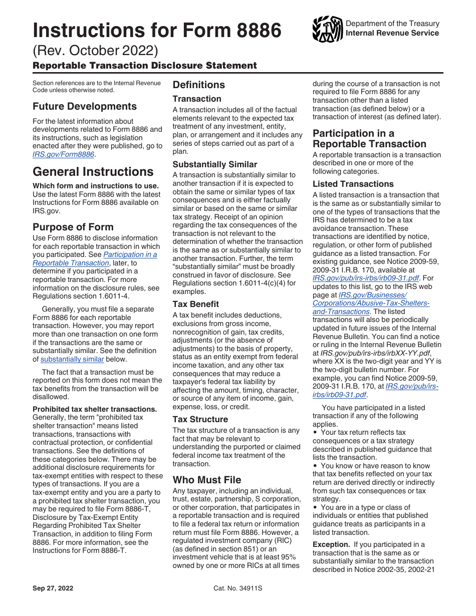 Download Instructions for IRS Form 8886 Reportable Transaction ...