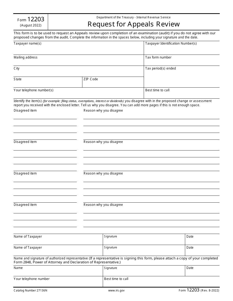 IRS Form 12203 Download Fillable PDF or Fill Online Request for Appeals ...