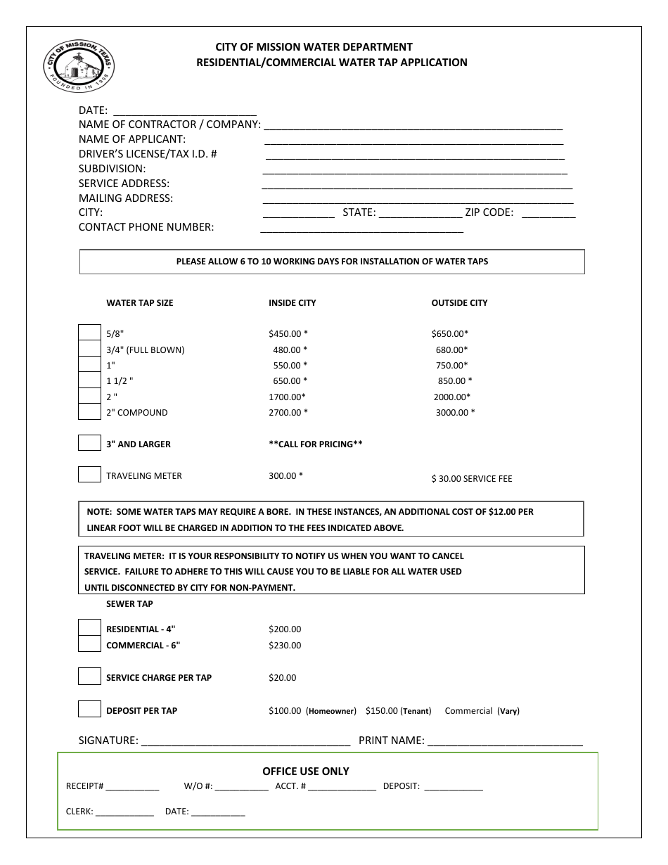 City of Mission, Texas Residential/Commercial Water Tap Application ...