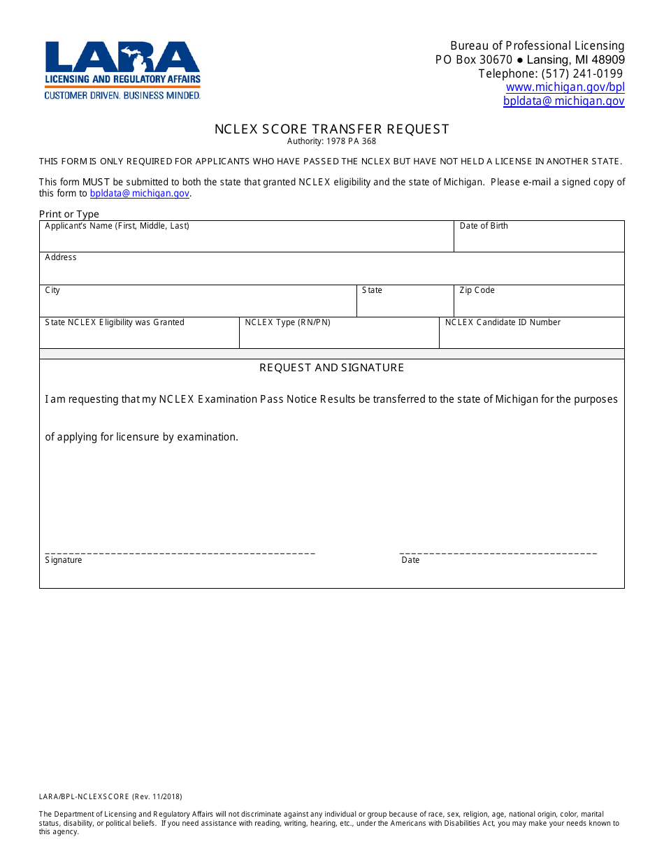 Form LARA/BPL-NCLEXSCORE - Fill Out, Sign Online and Download Fillable ...