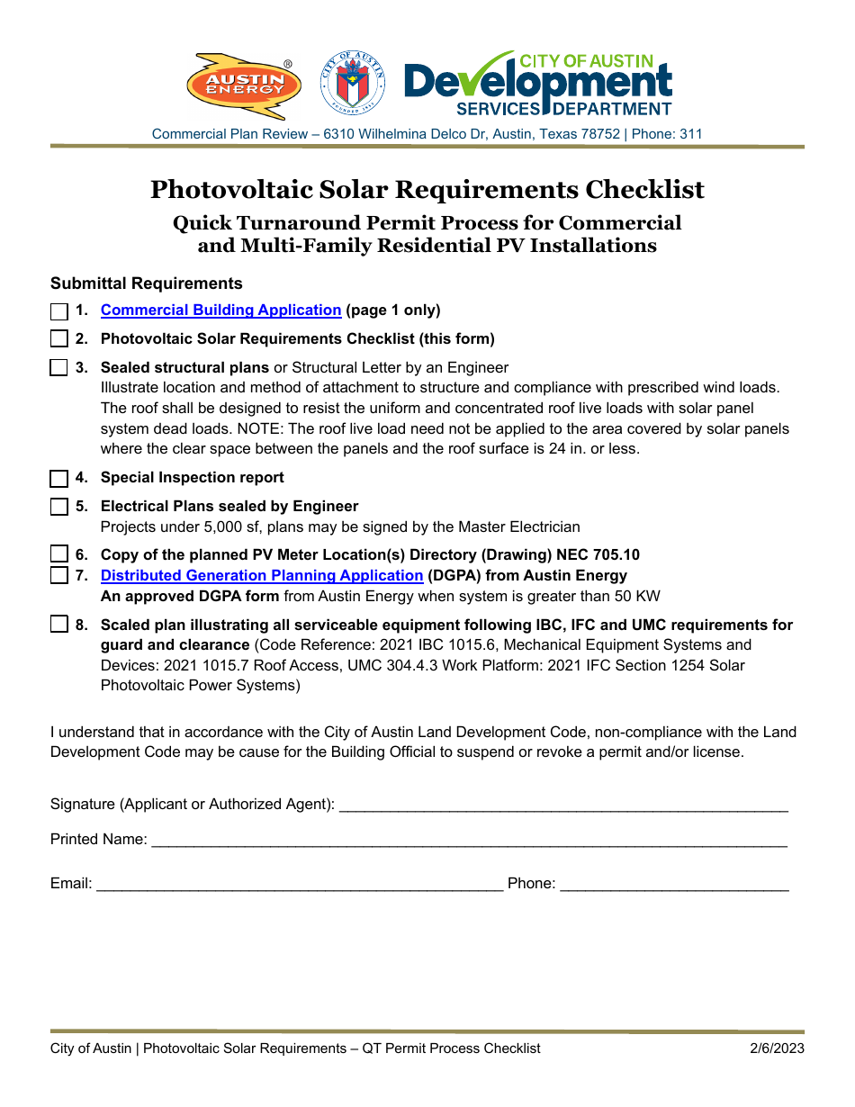 City of Austin, Texas Photovoltaic Solar Requirements Checklist - Quick ...