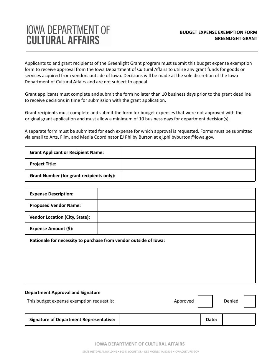 Iowa Budget Expense Exemption Form Greenlight Grant - Fill Out, Sign ...