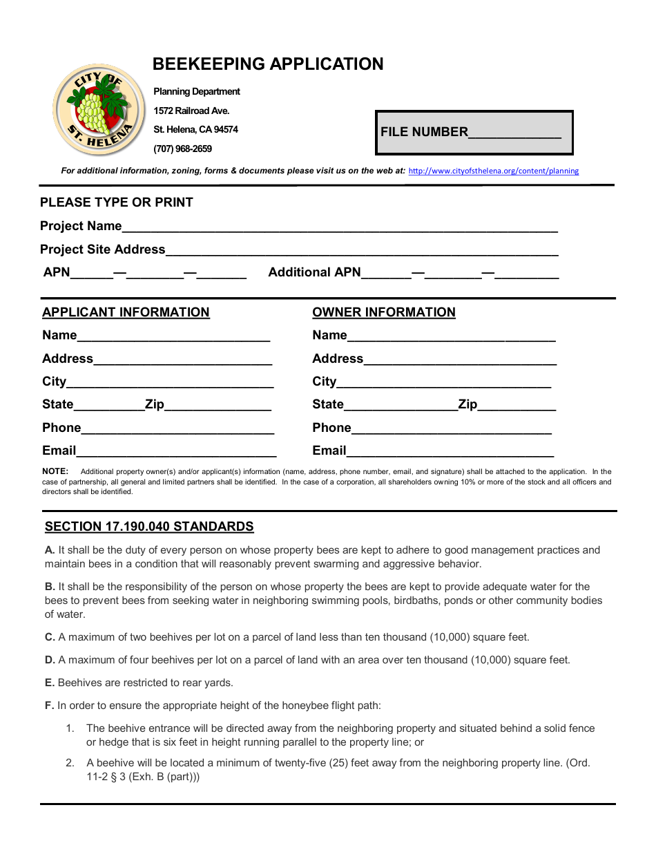 City of St. Helena, California Beekeeping Application - Fill Out, Sign ...