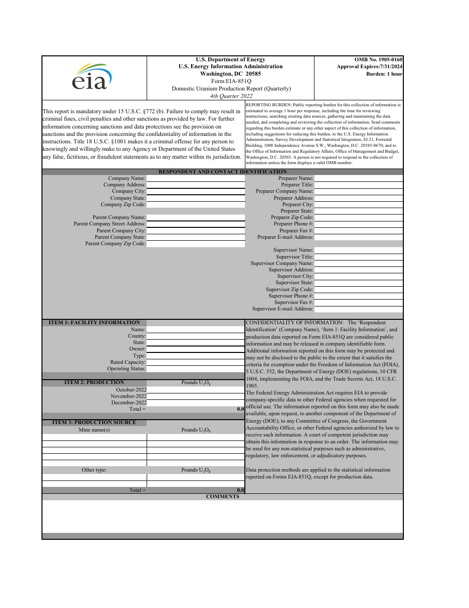 Form EIA-851Q - 2022 - Fill Out, Sign Online and Download Printable PDF | Templateroller