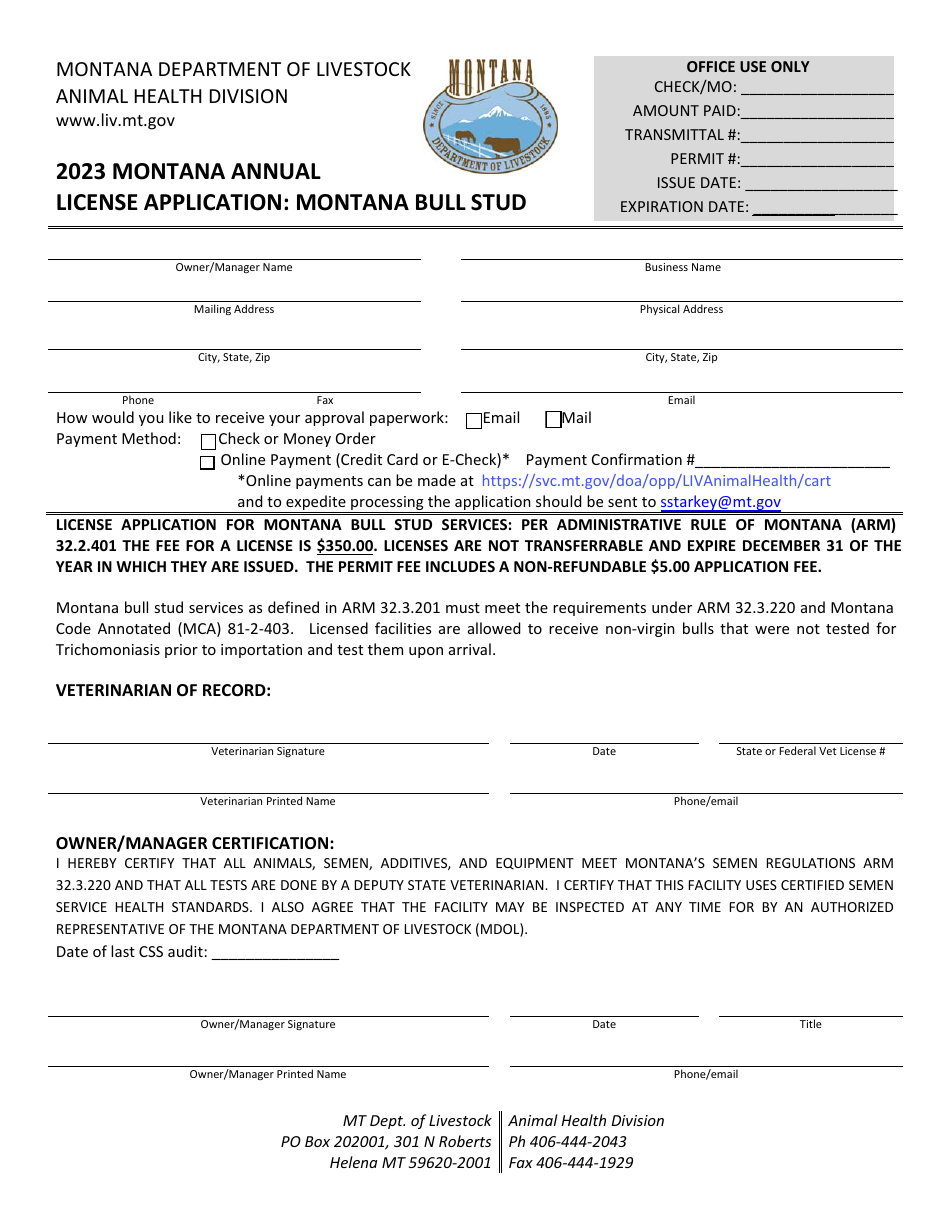 2023 Montana Montana Annual License Application: Montana Bull Stud ...