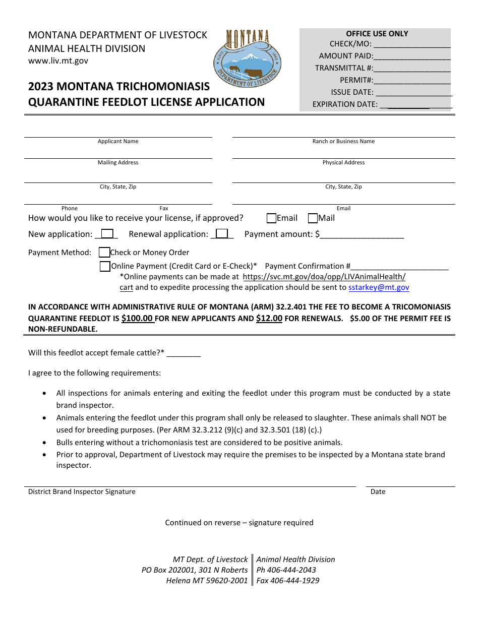 2023 Montana Montana Trichomoniasis Quarantine Feedlot License Application Download Fillable PDF ...