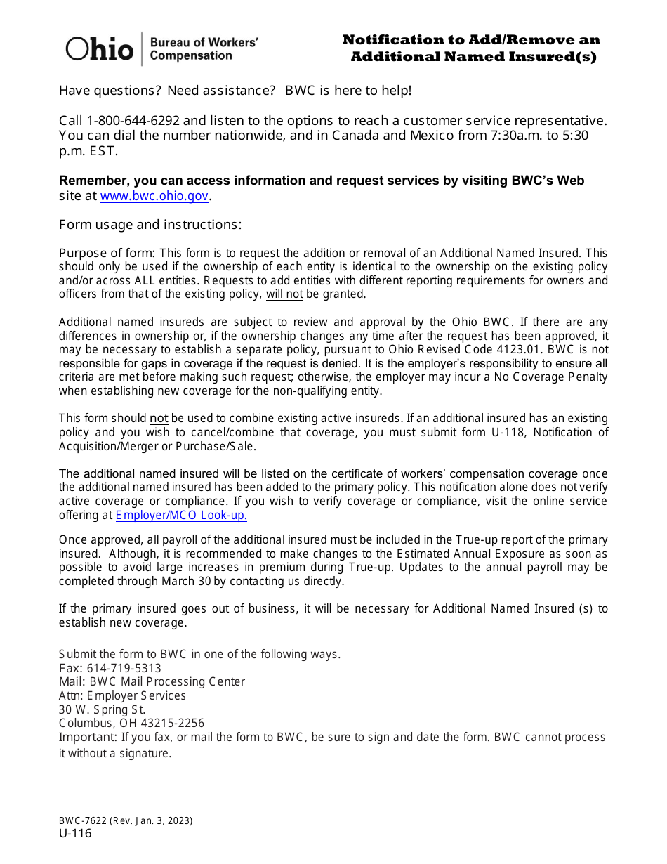 Form U-116 (BWC-7622) - Fill Out, Sign Online and Download Printable ...