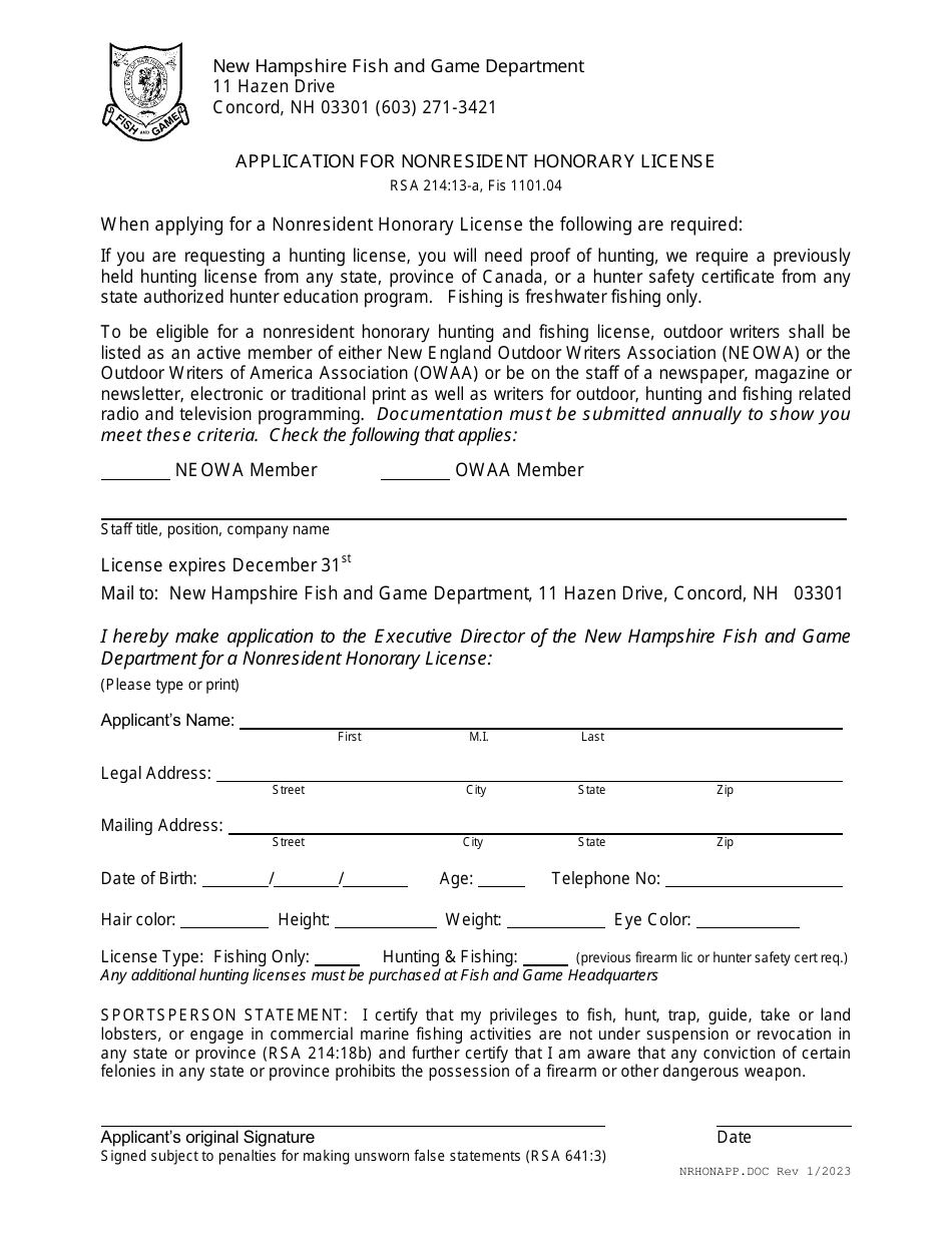 New Hampshire Application for Nonresident Honorary License - Fill Out, Sign Online and Download ...