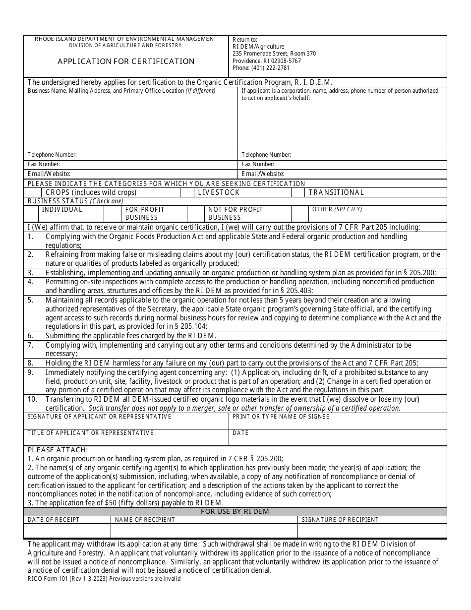 RICO Form 101 Download Fillable PDF or Fill Online Application for ...