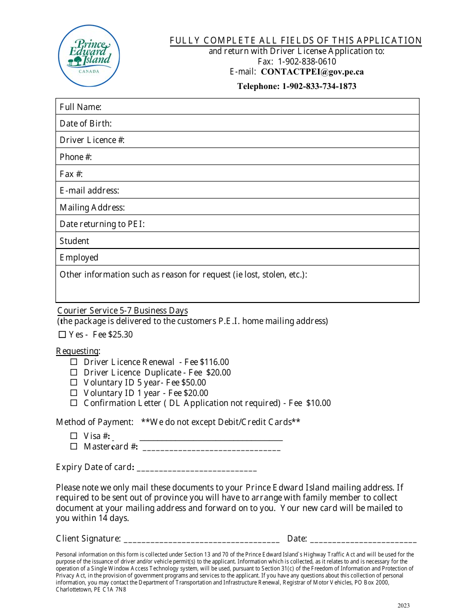 Prince Edward Island Canada Client Information Form for Driver's ...