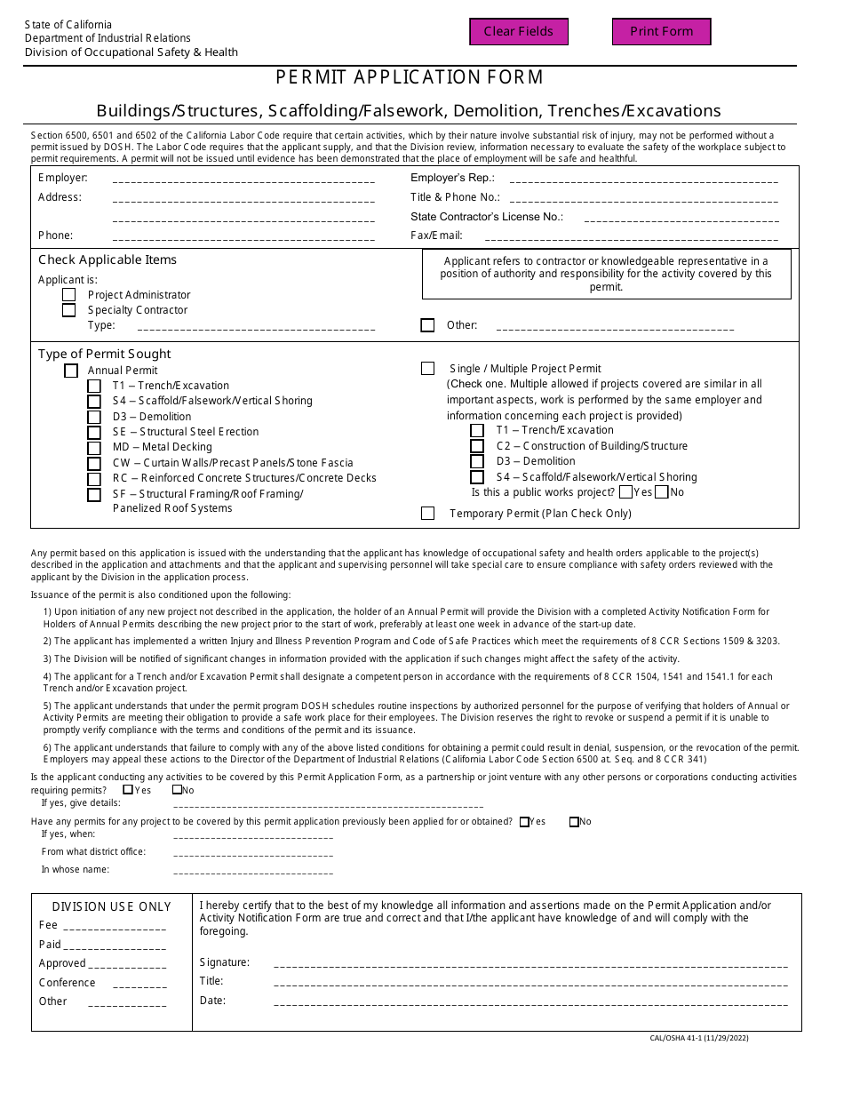 Cal/OSHA Form 41-1 Download Fillable PDF or Fill Online Permit ... Cal/OSHA Form 41-1 Download Fillable PDF or Fill Online Permit ...