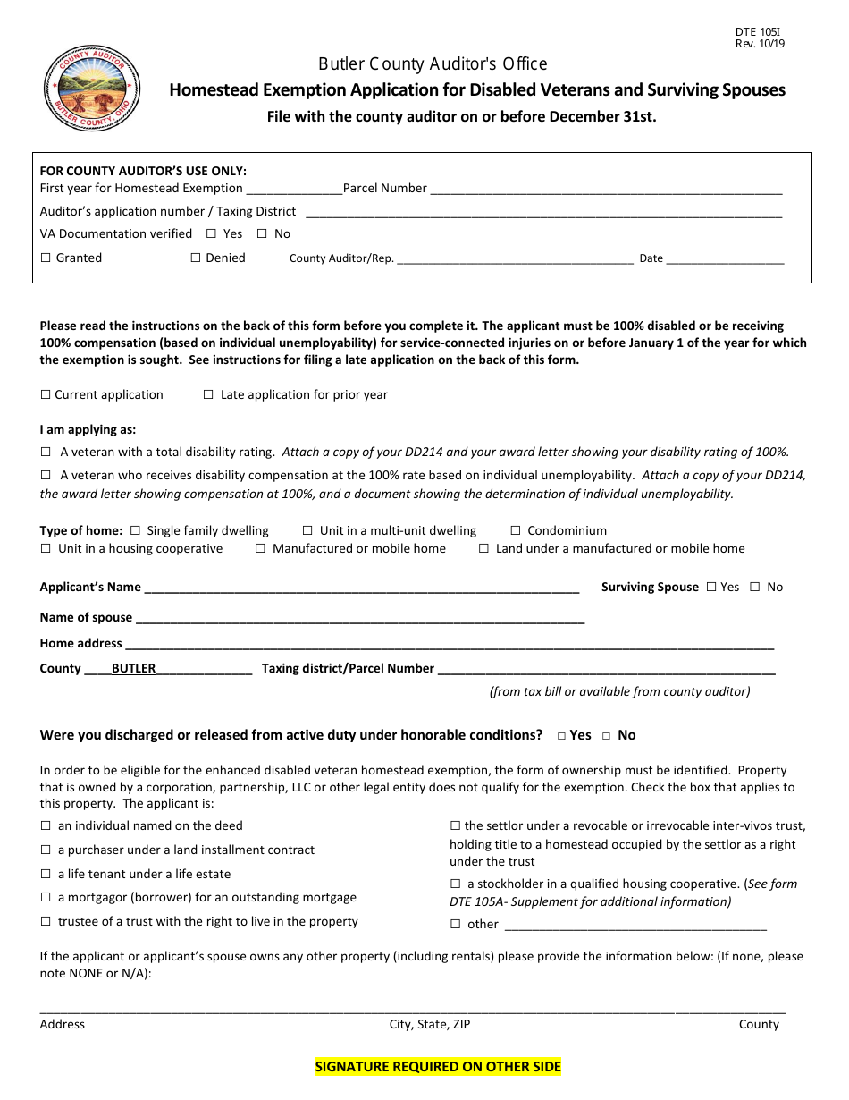 Form DTE105I - Fill Out, Sign Online and Download Printable PDF, Butler County, Ohio ...