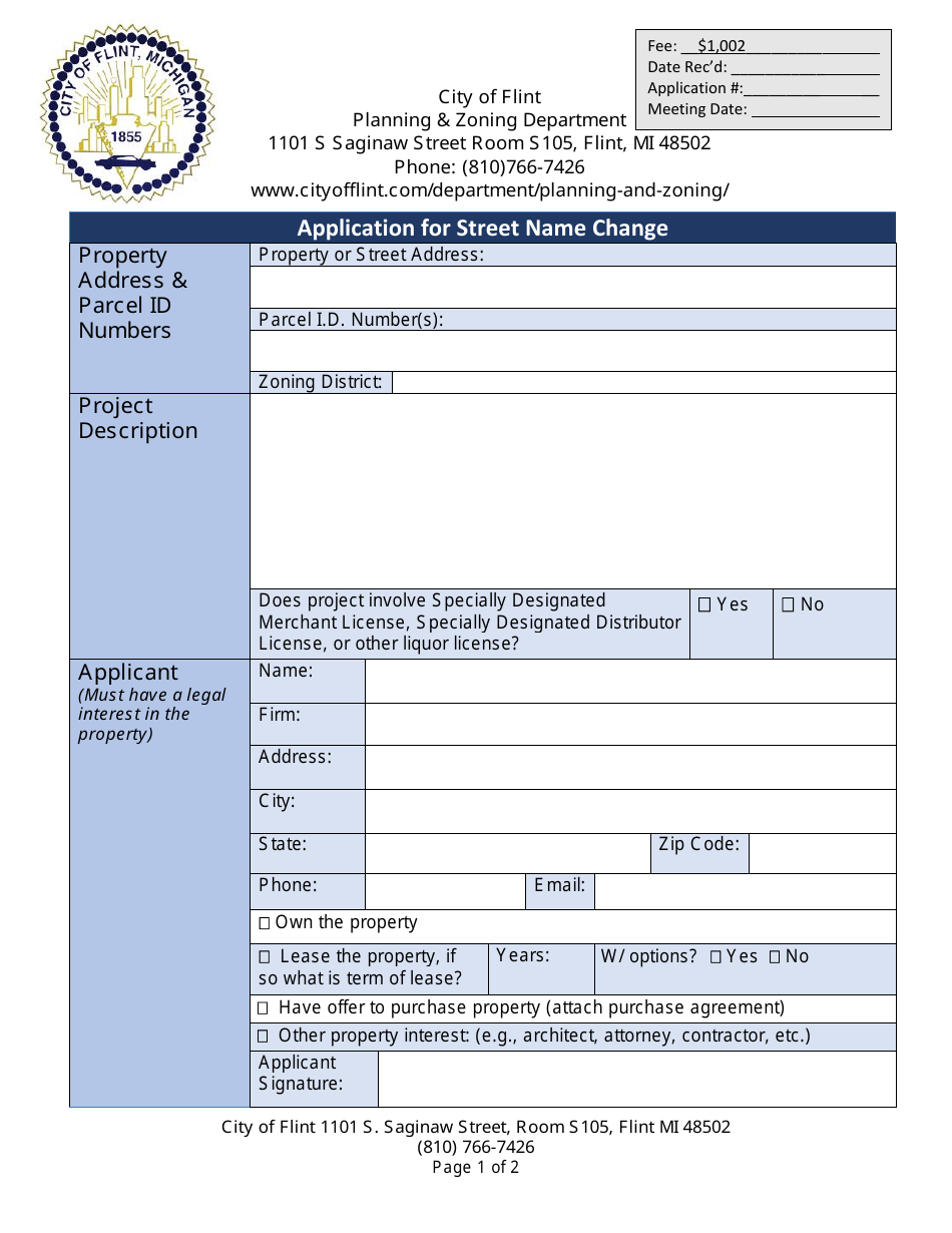 City of Flint, Michigan Application for Street Name Change - Fill Out ...