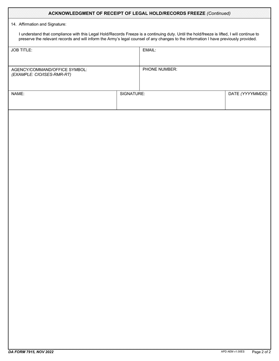 DA Form 7915 Download Fillable PDF or Fill Online Acknowledgment of ...