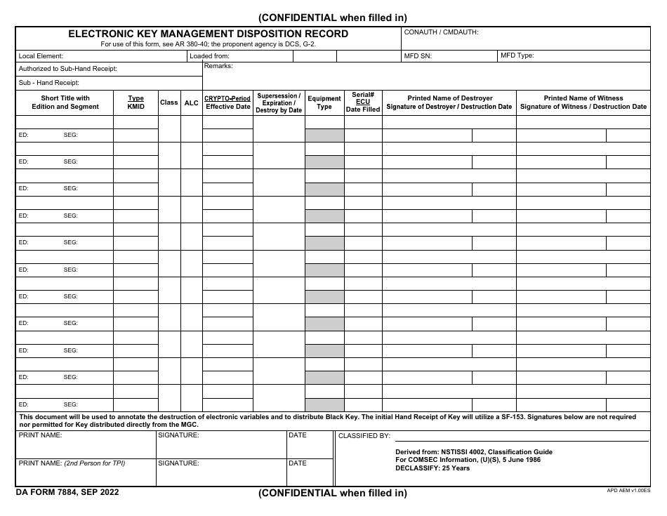 DA Form 7884 - Fill Out, Sign Online and Download Fillable PDF ...