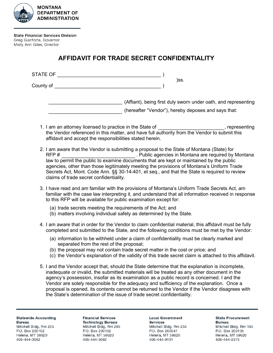 Montana Affidavit for Trade Secret Confidentiality - Fill Out, Sign Online and Download PDF ...