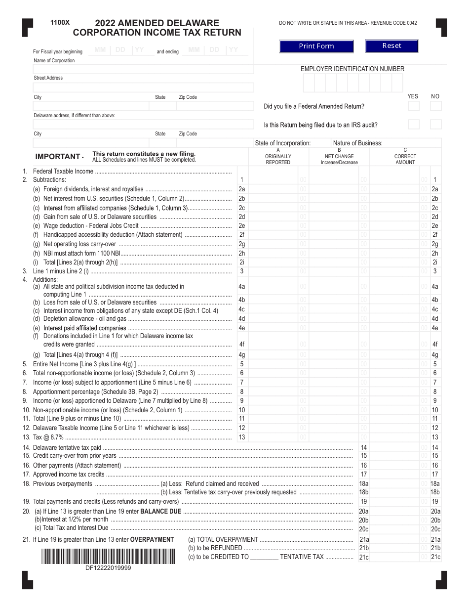 Form 1100X Download Fillable PDF or Fill Online Amended Delaware ...