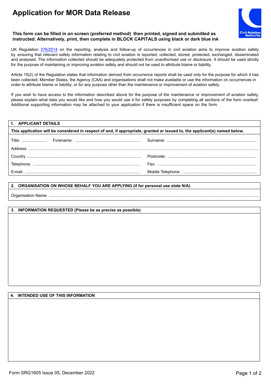 Form SRG1605 Download Fillable PDF or Fill Online Application for Mor ...