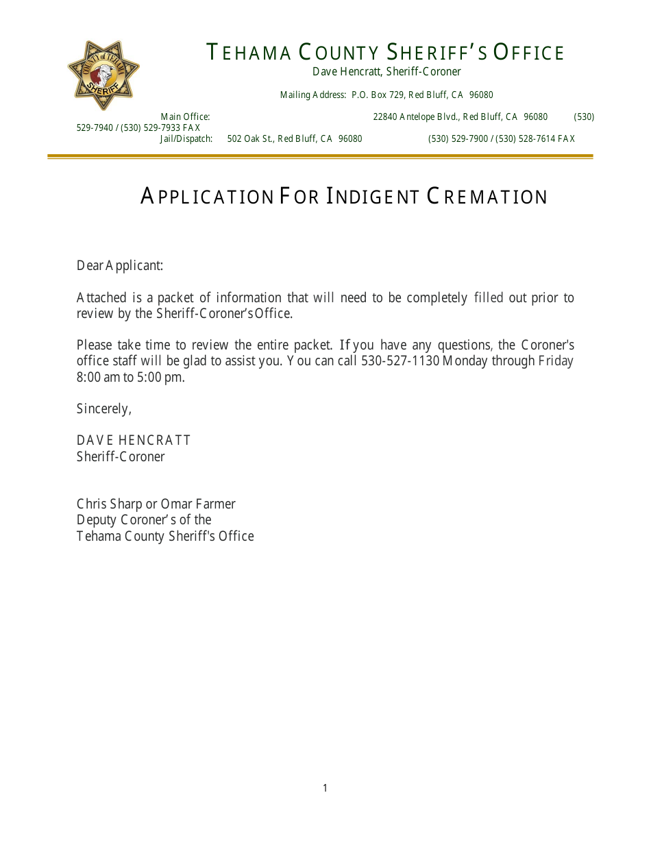 Tehama County, California Application for Indigent Cremation - Fill Out ...