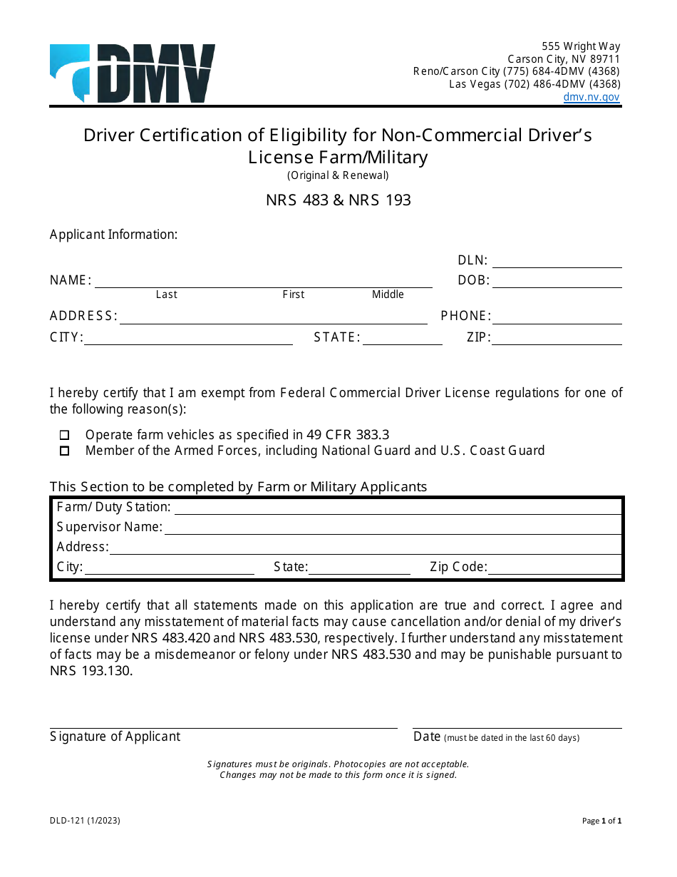 Form DLD-121 - Fill Out, Sign Online and Download Fillable PDF, Nevada ...
