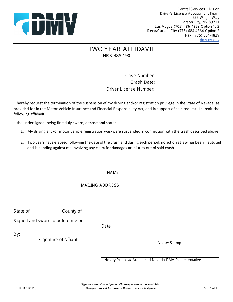 Form DLD-93 Download Fillable PDF or Fill Online Two Year Affidavit ...