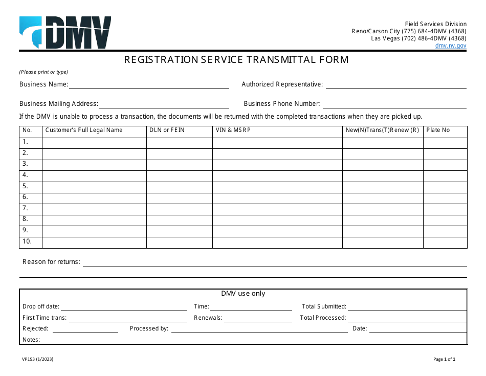 Form VP193 - Fill Out, Sign Online and Download Fillable PDF, Nevada ...