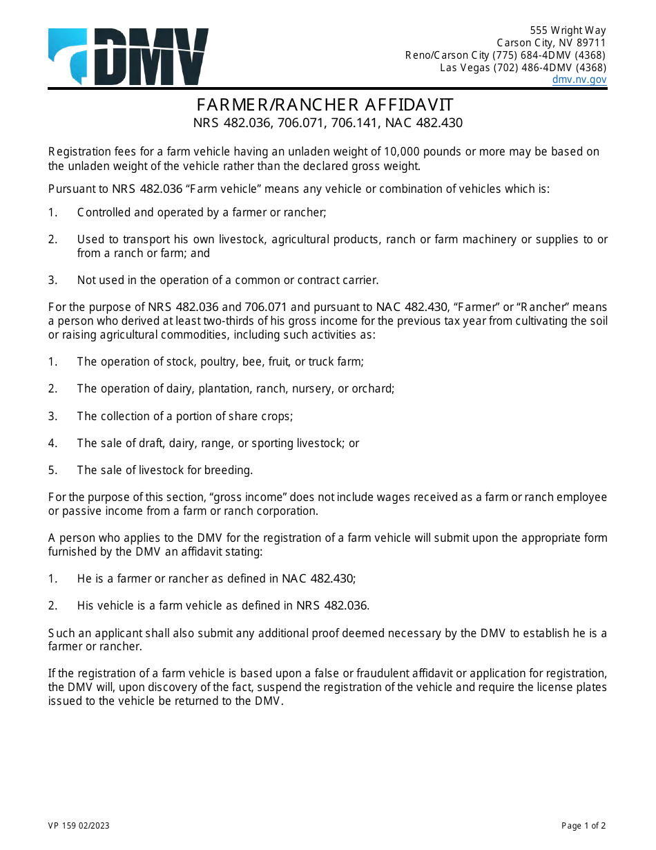 Form VP159 - Fill Out, Sign Online and Download Fillable PDF, Nevada ...