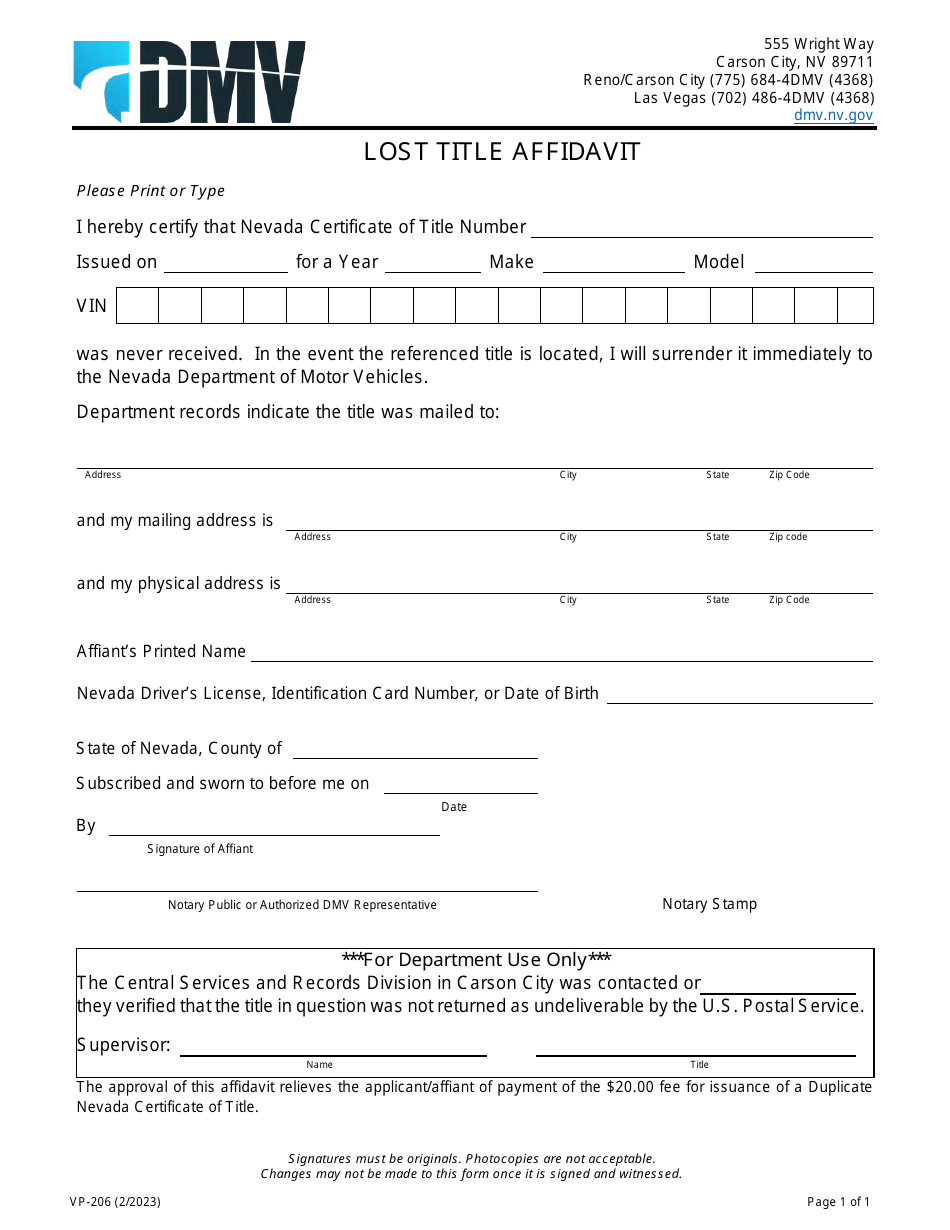 Form VP-206 Download Fillable PDF or Fill Online Lost Title Affidavit ...